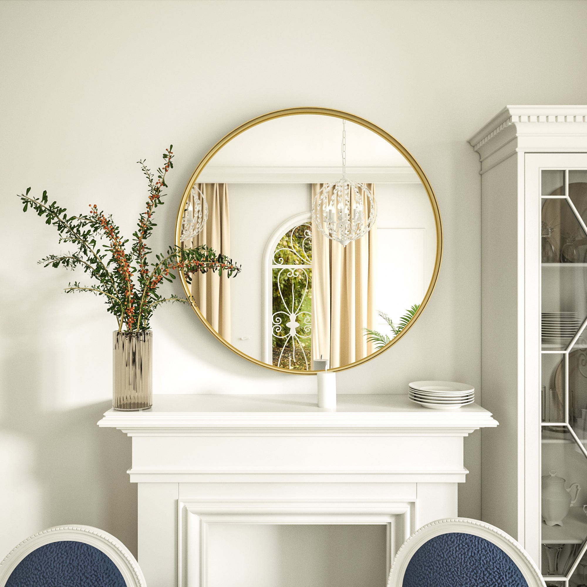 30" Round Circle Vanity Mirror for Wall. Ribbed Texture Metal Frame ...
