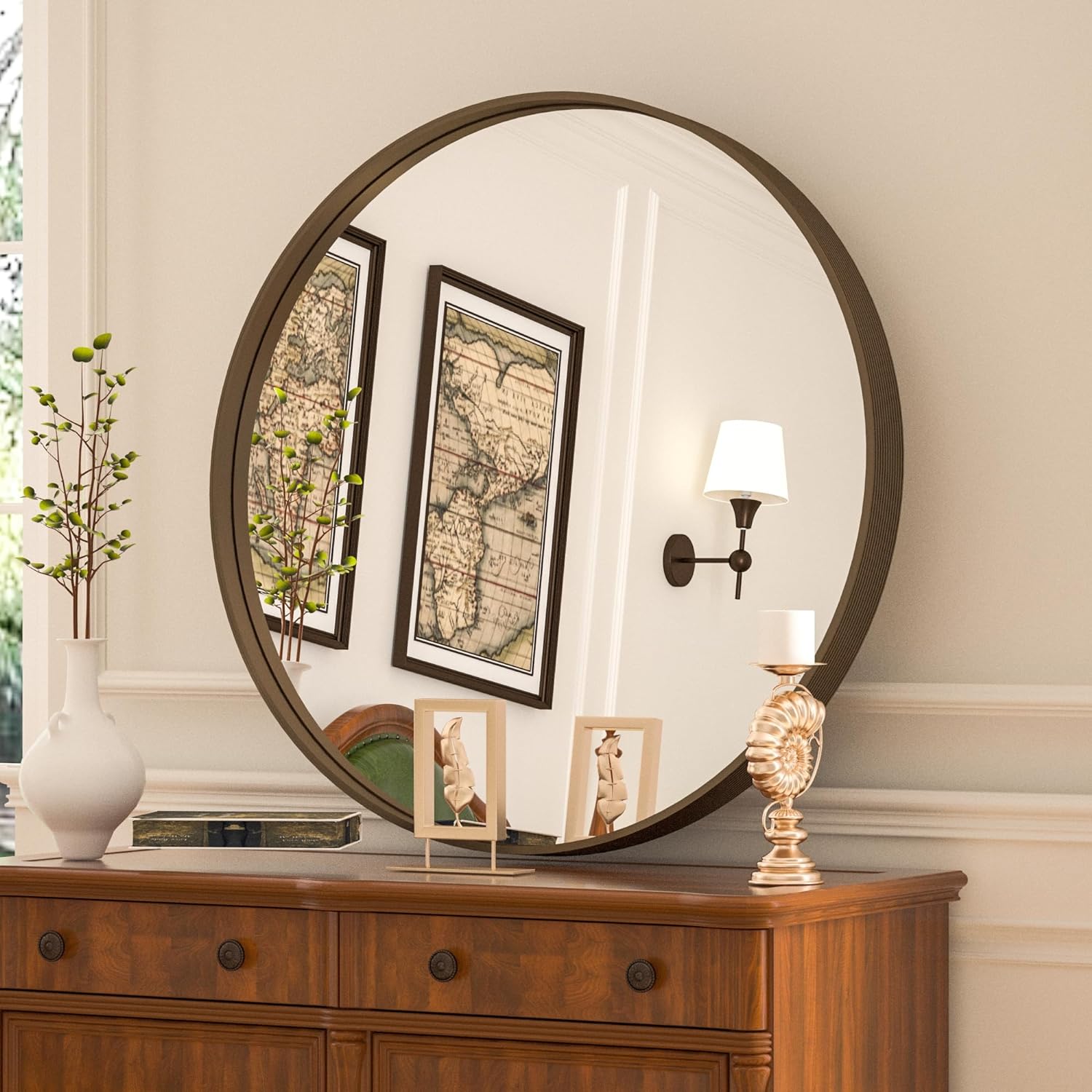 30" Round Circle Vanity Mirror for Wall. Ribbed Texture Metal Frame ...